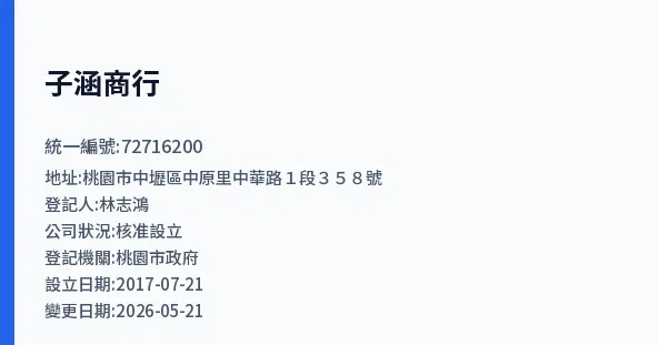 子涵商行的照片-統編 72716200(桃園市) 公司登記資料與營業項目詳細圖表