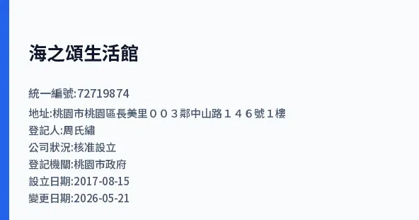 海之頌生活館的照片-統編 72719874(桃園市) 公司登記資料與營業項目詳細圖表