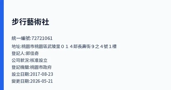 步行藝術社的照片-統編 72721061(桃園市) 公司登記資料與營業項目詳細圖表