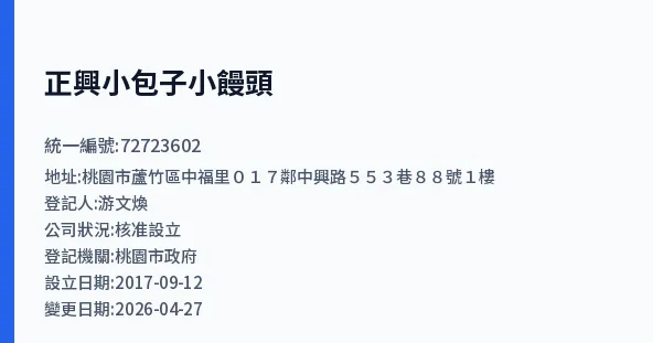 正興小包子小饅頭的照片-統編 72723602(桃園市) 公司登記資料與營業項目詳細圖表