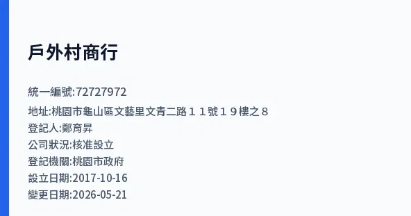 戶外村商行的照片-統編 72727972(桃園市) 公司登記資料與營業項目詳細圖表