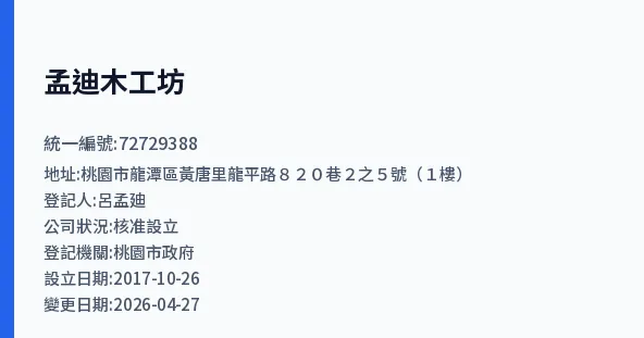 孟迪木工坊的照片-統編 72729388(桃園市) 公司登記資料與營業項目詳細圖表