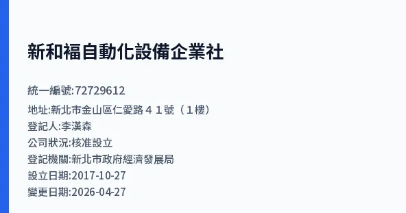 新和褔自動化設備企業社的照片-統編 72729612(新北市) 公司登記資料與營業項目詳細圖表