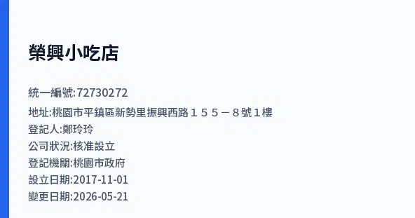榮興小吃店的照片-統編 72730272(桃園市) 公司登記資料與營業項目詳細圖表
