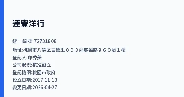 連豐洋行的照片-統編 72731808(桃園市) 公司登記資料與營業項目詳細圖表