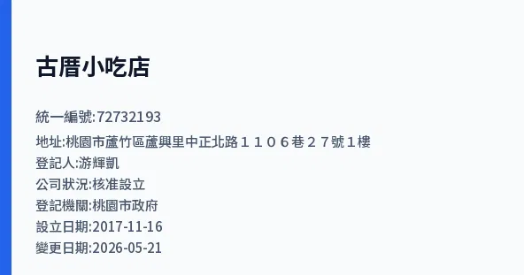 古厝小吃店的照片-統編 72732193(桃園市) 公司登記資料與營業項目詳細圖表
