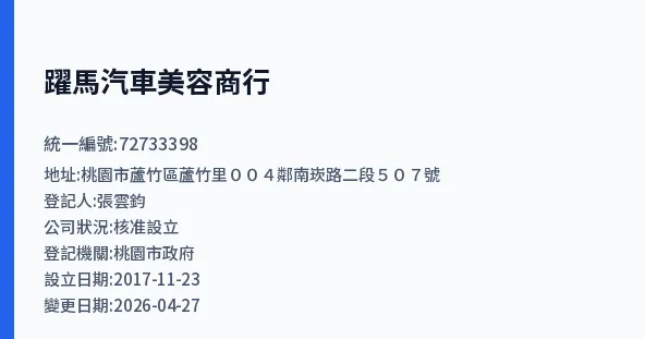 躍馬汽車美容商行的照片-統編 72733398(桃園市) 公司登記資料與營業項目詳細圖表