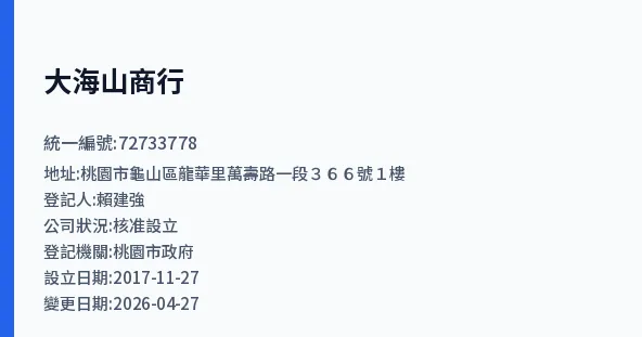 大海山商行的照片-統編 72733778(桃園市) 公司登記資料與營業項目詳細圖表