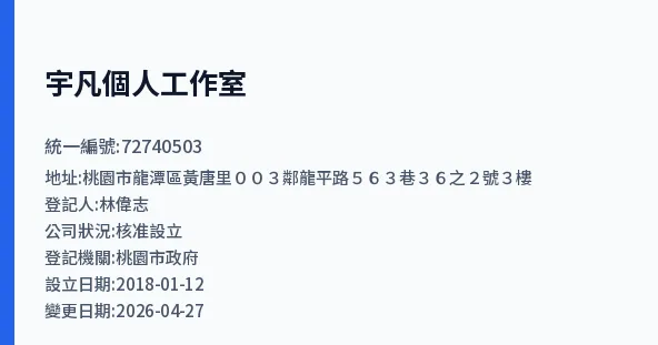 宇凡個人工作室的照片-統編 72740503(桃園市) 公司登記資料與營業項目詳細圖表