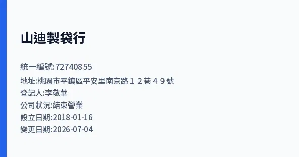 山迪製袋行的照片-統編 72740855(桃園市) 公司登記資料與營業項目詳細圖表