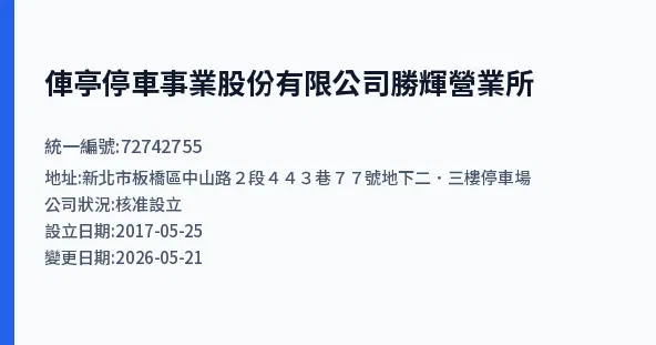 俥亭停車事業股份有限公司勝輝營業所的照片-統編 72742755(新北市) 公司登記資料與營業項目詳細圖表