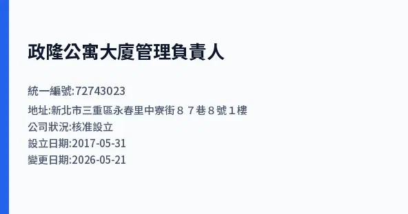 政隆公寓大廈管理負責人的照片-統編 72743023(新北市) 公司登記資料與營業項目詳細圖表