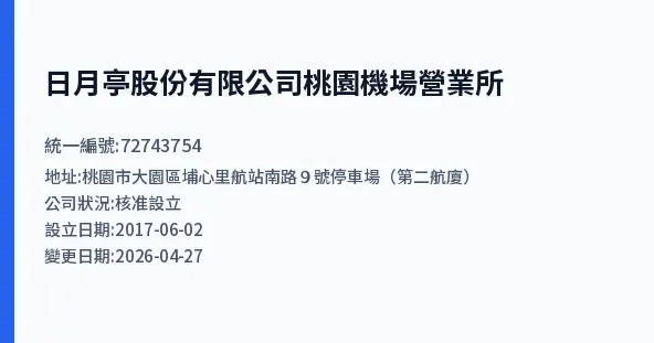 日月亭股份有限公司桃園機場營業所的照片-統編 72743754(桃園市) 公司登記資料與營業項目詳細圖表