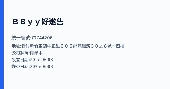 BByy好邀售的照片-統編 72744206(新竹縣) 公司登記資料與營業項目詳細圖表