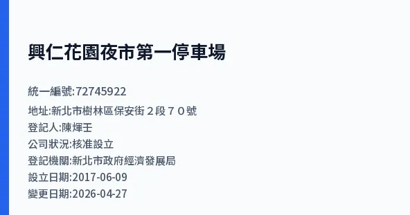興仁花園夜市第一停車場的照片-統編 72745922(新北市) 公司登記資料與營業項目詳細圖表