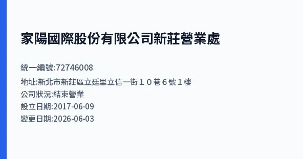 家陽國際股份有限公司新莊營業處的照片-統編 72746008(新北市) 公司登記資料與營業項目詳細圖表