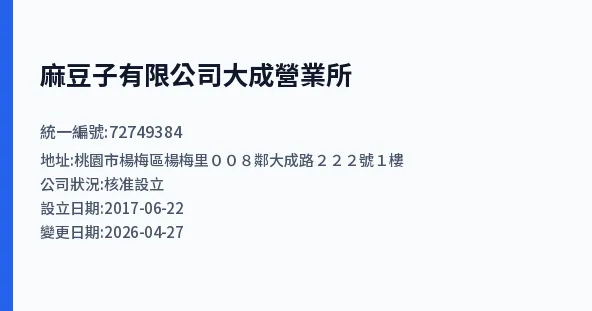 麻豆子有限公司大成營業所的照片-統編 72749384(桃園市) 公司登記資料與營業項目詳細圖表