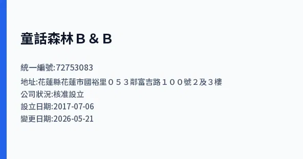 童話森林B&B的照片-統編 72753083(花蓮縣) 公司登記資料與營業項目詳細圖表