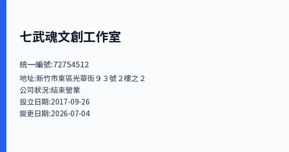 七武魂文創工作室的照片-統編 72754512(新竹市) 公司登記資料與營業項目詳細圖表