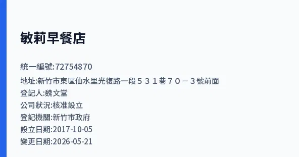 敏莉早餐店的照片-統編 72754870(新竹市) 公司登記資料與營業項目詳細圖表