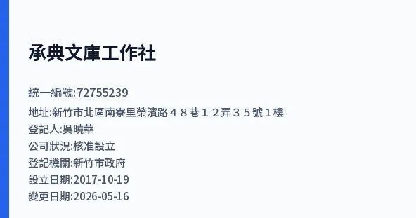 承典文庫工作社的照片-統編 72755239(新竹市) 公司登記資料與營業項目詳細圖表