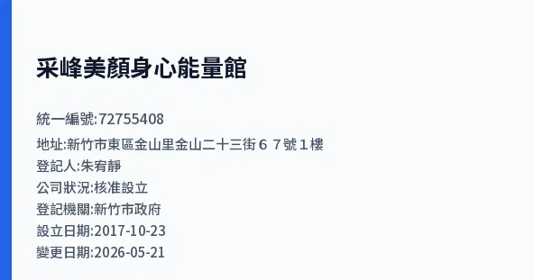采峰美顏身心能量館的照片-統編 72755408(新竹市) 公司登記資料與營業項目詳細圖表