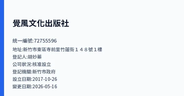 覺風文化出版社的照片-統編 72755596(新竹市) 公司登記資料與營業項目詳細圖表