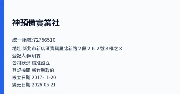 神預備實業社的照片-統編 72756510(新北市) 公司登記資料與營業項目詳細圖表
