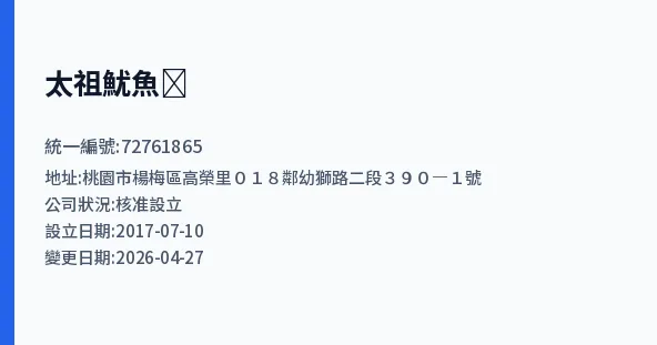 太祖魷魚焿的照片-統編 72761865(桃園市) 公司登記資料與營業項目詳細圖表