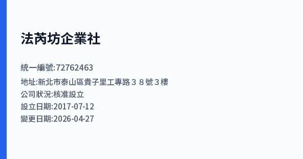 法芮坊企業社的照片-統編 72762463(新北市) 公司登記資料與營業項目詳細圖表