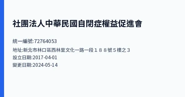 社團法人中華民國自閉症權益促進會的照片-統編 72764053(新北市) 公司登記資料與營業項目詳細圖表