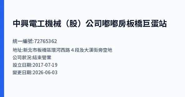 中興電工機械(股)公司嘟嘟房板橋巨蛋站的照片-統編 72765362(新北市) 公司登記資料與營業項目詳細圖表