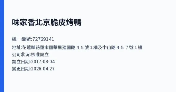 味家香北京脆皮烤鴨的照片-統編 72769141(花蓮縣) 公司登記資料與營業項目詳細圖表