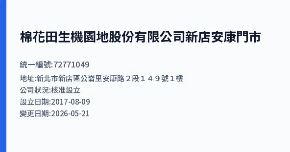 棉花田生機園地股份有限公司新店安康門市的照片-統編 72771049(新北市) 公司登記資料與營業項目詳細圖表