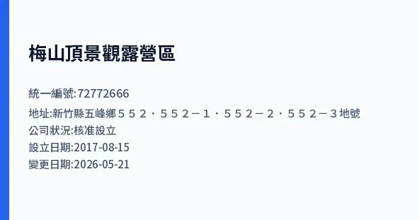 梅山頂景觀露營區的照片-統編 72772666(新竹縣) 公司登記資料與營業項目詳細圖表