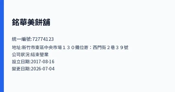 銘華美餅舖的照片-統編 72774123(新竹市) 公司登記資料與營業項目詳細圖表