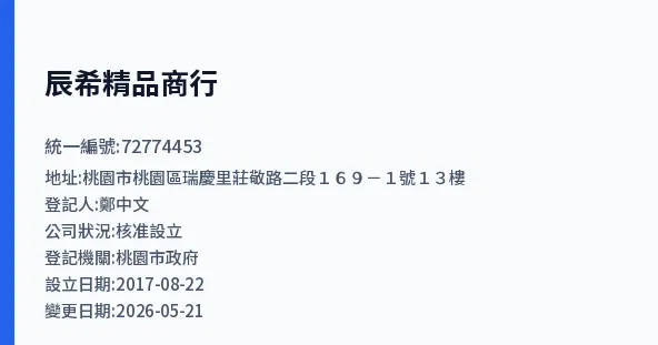 辰希精品商行的照片-統編 72774453(桃園市) 公司登記資料與營業項目詳細圖表