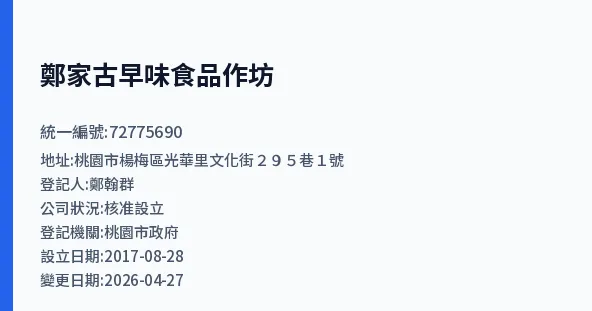 鄭家古早味食品作坊的照片-統編 72775690(桃園市) 公司登記資料與營業項目詳細圖表