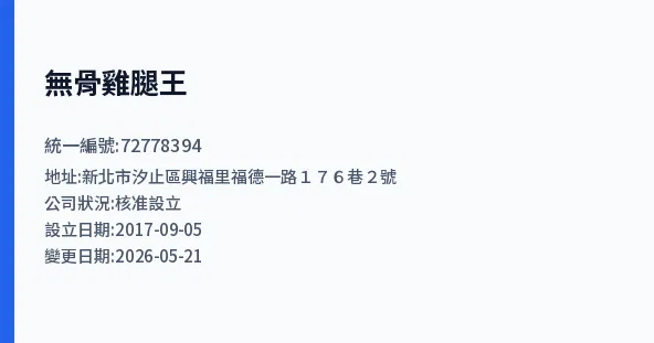 無骨雞腿王的照片-統編 72778394(新北市) 公司登記資料與營業項目詳細圖表