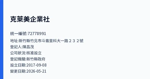 克萊美企業社的照片-統編 72778991(新竹縣) 公司登記資料與營業項目詳細圖表