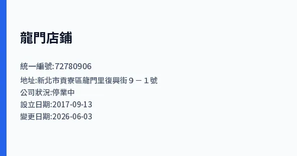 龍門店鋪的照片-統編 72780906(新北市) 公司登記資料與營業項目詳細圖表