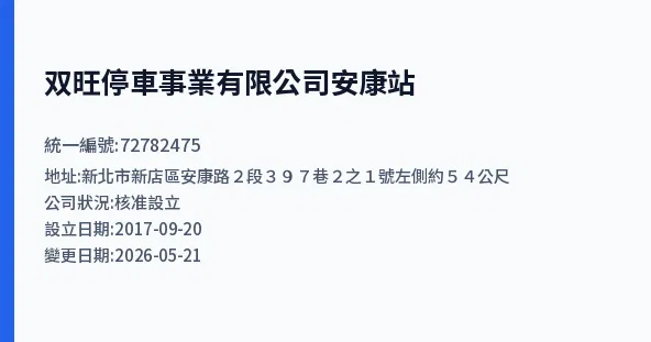 双旺停車事業有限公司安康站的照片-統編 72782475(新北市) 公司登記資料與營業項目詳細圖表
