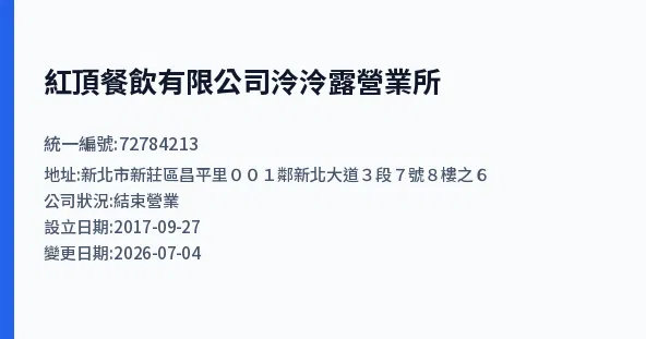 紅頂餐飲有限公司泠泠露營業所的照片-統編 72784213(新北市) 公司登記資料與營業項目詳細圖表