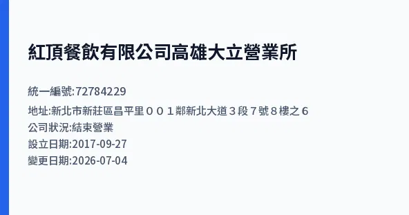 紅頂餐飲有限公司高雄大立營業所的照片-統編 72784229(新北市) 公司登記資料與營業項目詳細圖表