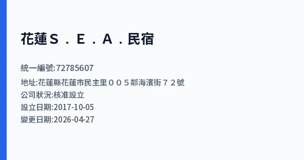 花蓮S﹒E﹒A﹒民宿的照片-統編 72785607(花蓮縣) 公司登記資料與營業項目詳細圖表