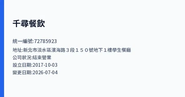 千尋餐飲的照片-統編 72785923(新北市) 公司登記資料與營業項目詳細圖表