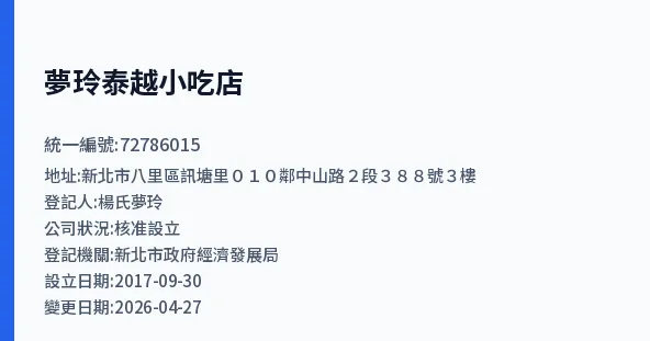 夢玲泰越小吃店的照片-統編 72786015(新北市) 公司登記資料與營業項目詳細圖表