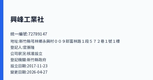 興峰工業社的照片-統編 72789147(新竹縣) 公司登記資料與營業項目詳細圖表
