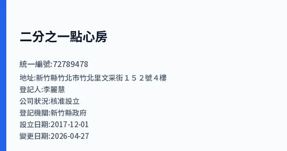 二分之一點心房的照片-統編 72789478(新竹縣) 公司登記資料與營業項目詳細圖表