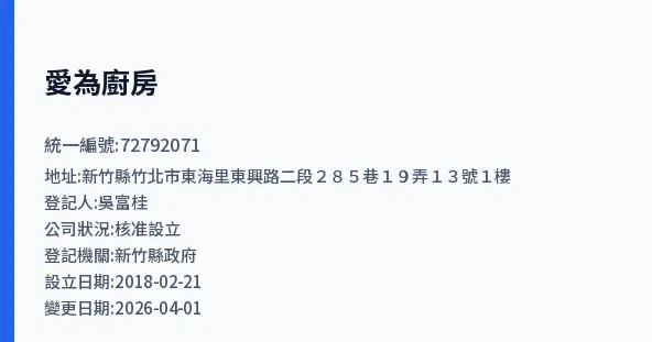 愛為廚房的照片-統編 72792071(新竹縣) 公司登記資料與營業項目詳細圖表